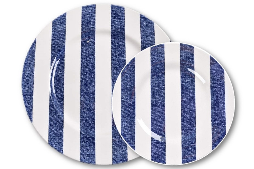 Modern English Pottery Striped Dinner & Salad Plates Denim Blue Set/2