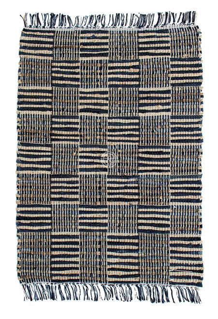 Cotton/Jute & Leather Shuttle Weave Durrie With Fringes-MH-910 - 1.6 X ...