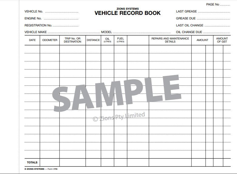 Zions PVLB On Road Recording Pocket Vehicle Log Book