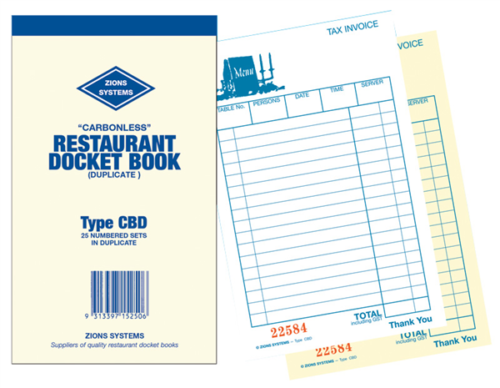 Zions CBD Carbonless Duplicate Restaurant Docket Book