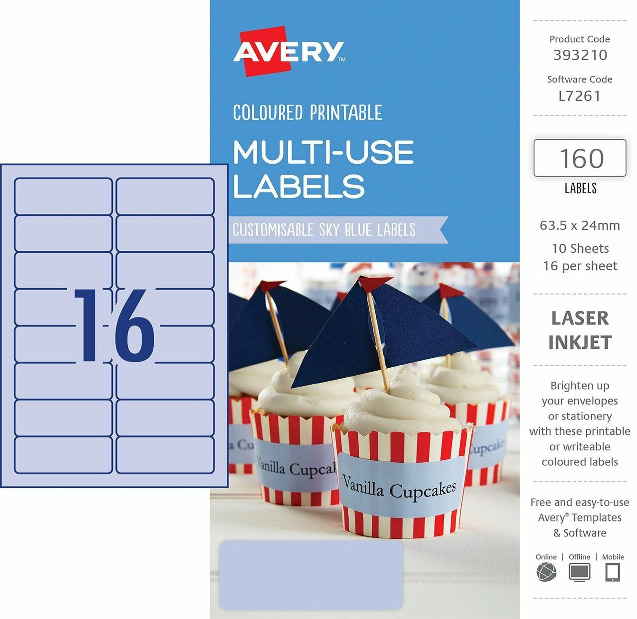 Avery Sky Blue Multi-Use Labels, 63.5x24mm, Laser/Inkjet, 160 Labels/10 ...