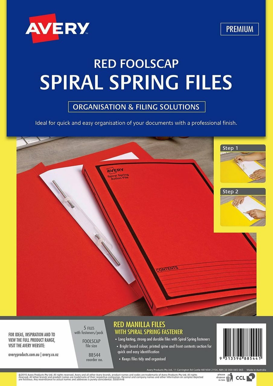 Avery 88544 Red Spiral Spring Action File - Black Print Foolscap (5 ...