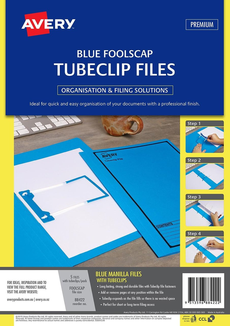 Avery 88422 Blue Tubeclip File - Black Print Foolscap (5/Pack) | Mega ...