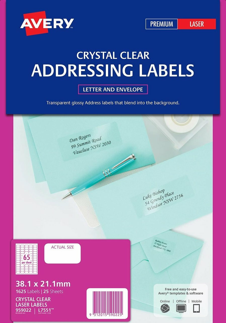 Avery L7551 Crystal Clear Address Labels - 65UP | Mega Office Supplies