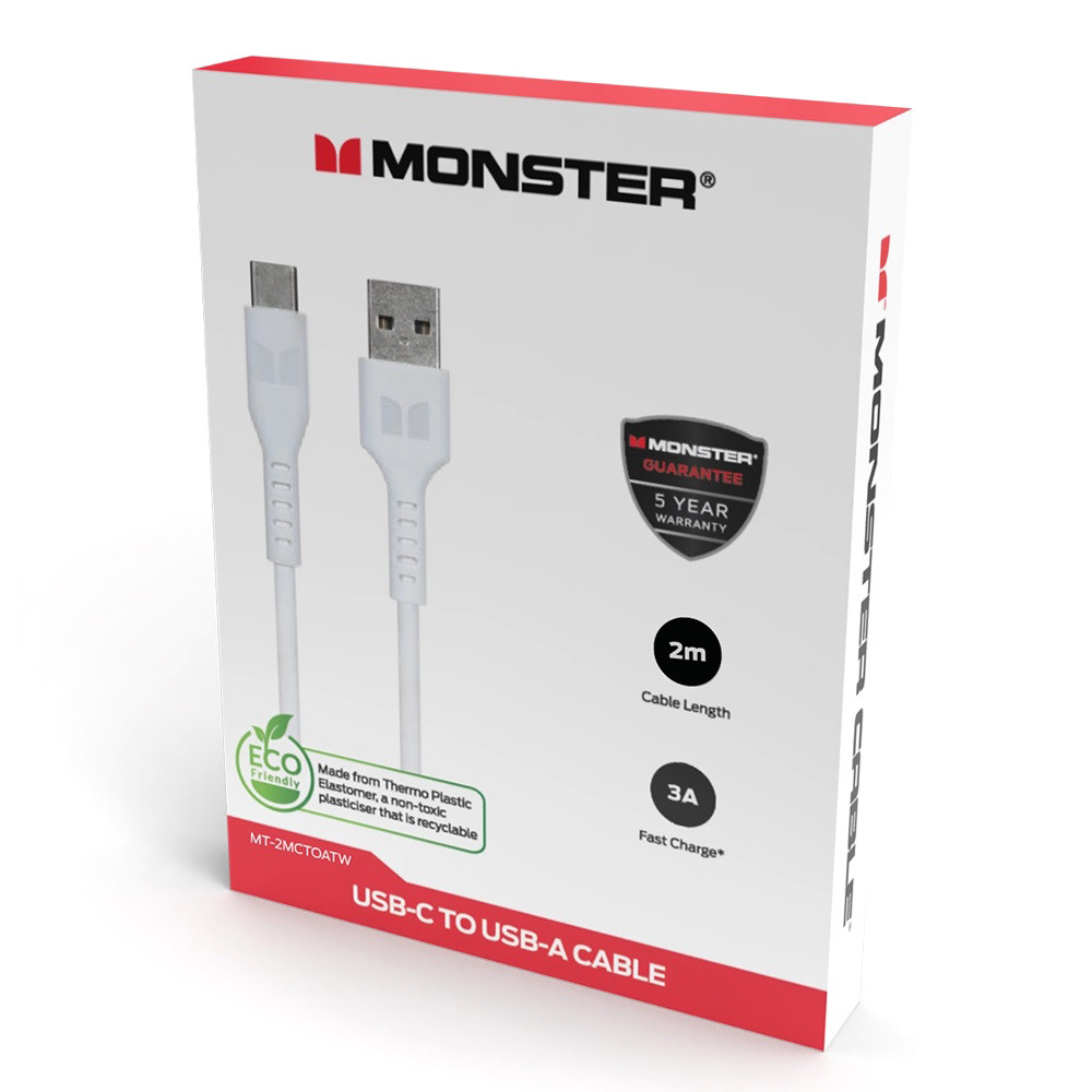 Monster USB-C to USB-A Thermo Plastic Elastometer Cable 2m - White | It ...