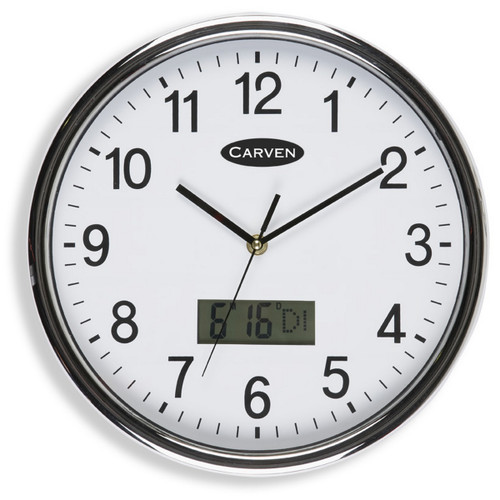Carven Wall Clock LCD Date 285mm Silver Frame | Mega Office Supplies
