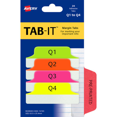 Avery Margin Tab-It Quarters Neon 63.5x25.4mm - 24pk | Mega Office Supplies