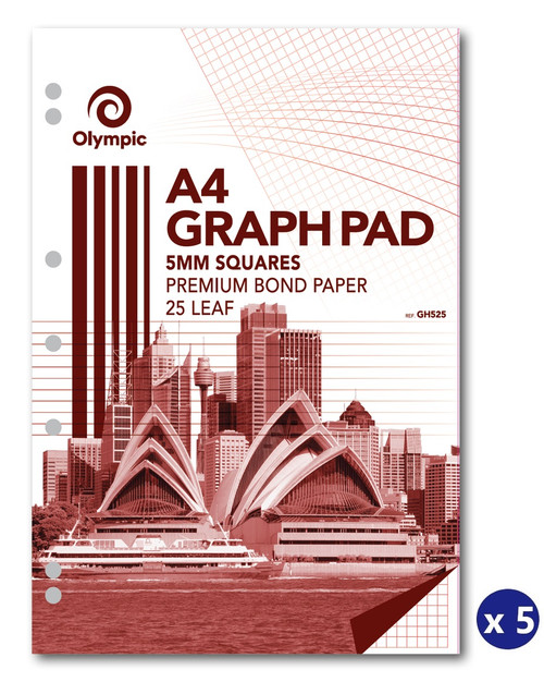 Graph Pad A4 25 Leaf 5mm Squares Ruled Pack 5 | Mega Office Supplies