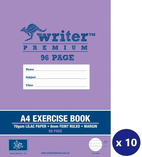 Writer Premium A4 Exercise Book, 96pg, Lilac + Margin - Pack of 10 ...