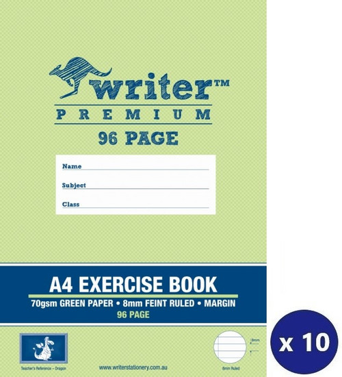 Writer Premium A4 Exercise Book, 96pg, Green + Margin - Pack of 10 ...
