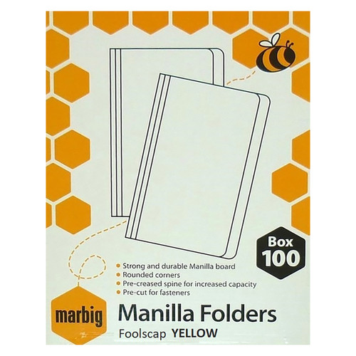 Marbig 1108105 Manilla Folders Foolscap Yellow Box 100 | Mega Office ...