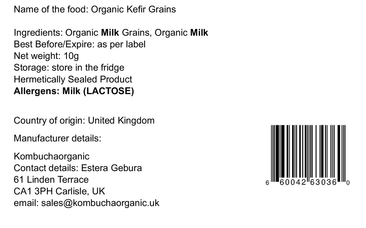 10g of Live Certified Organic Milk KEFIR Grains from Grass Fed Cow's