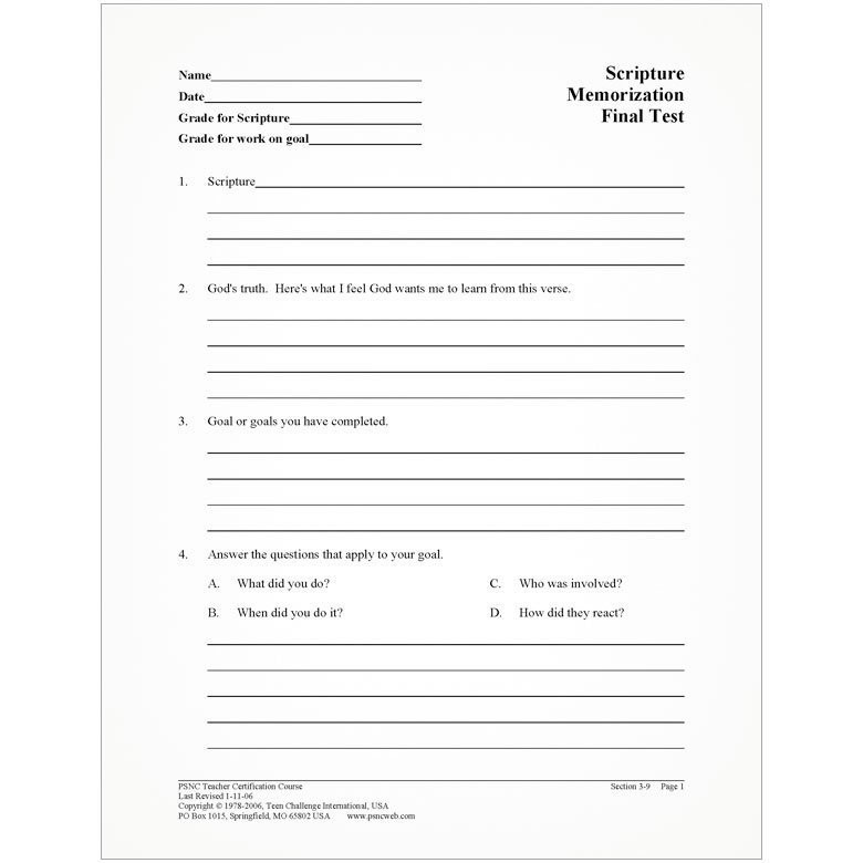 PSNL Scripture Memory Class test form (50 pk)