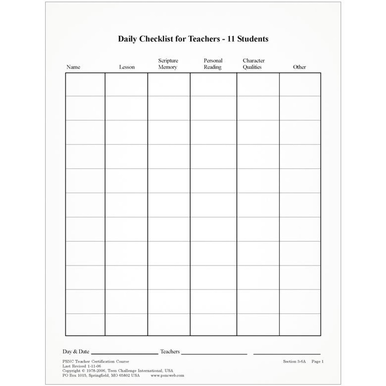 Daily Checklists for Teachers - 20 students (50 pk)