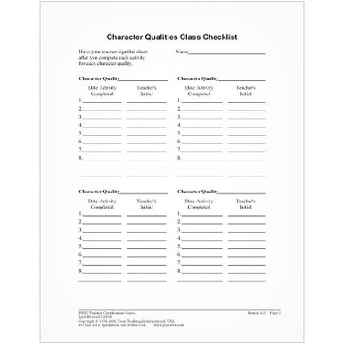 PSNL Character Qualities checklist (50 pk)