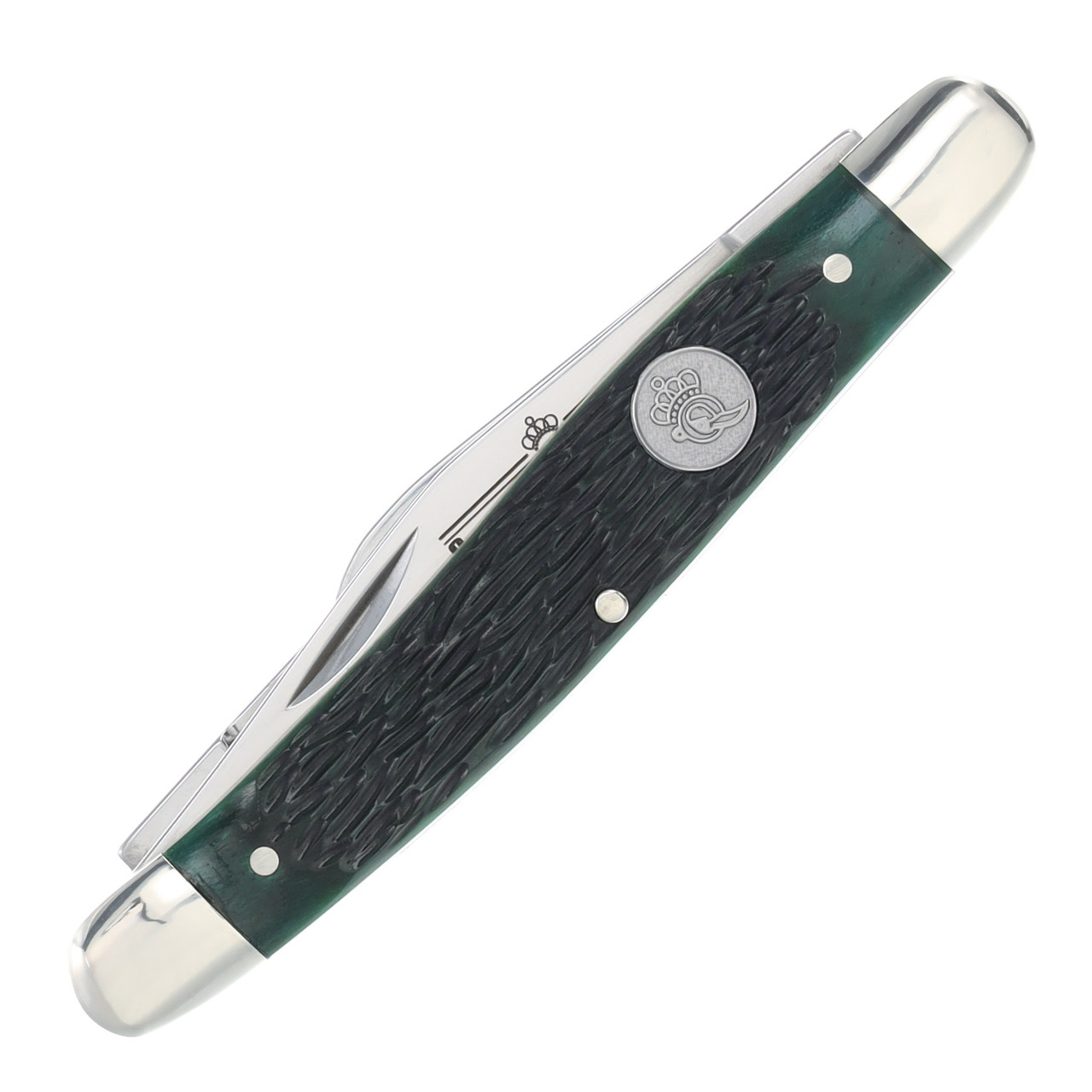 Queen Cutlery Green Jigged Bone Stockman 3.75" Closed
