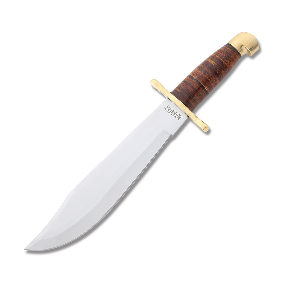Marbles Stacked Leather Bowie Fixed Blade 9.75in Satin Clip Point