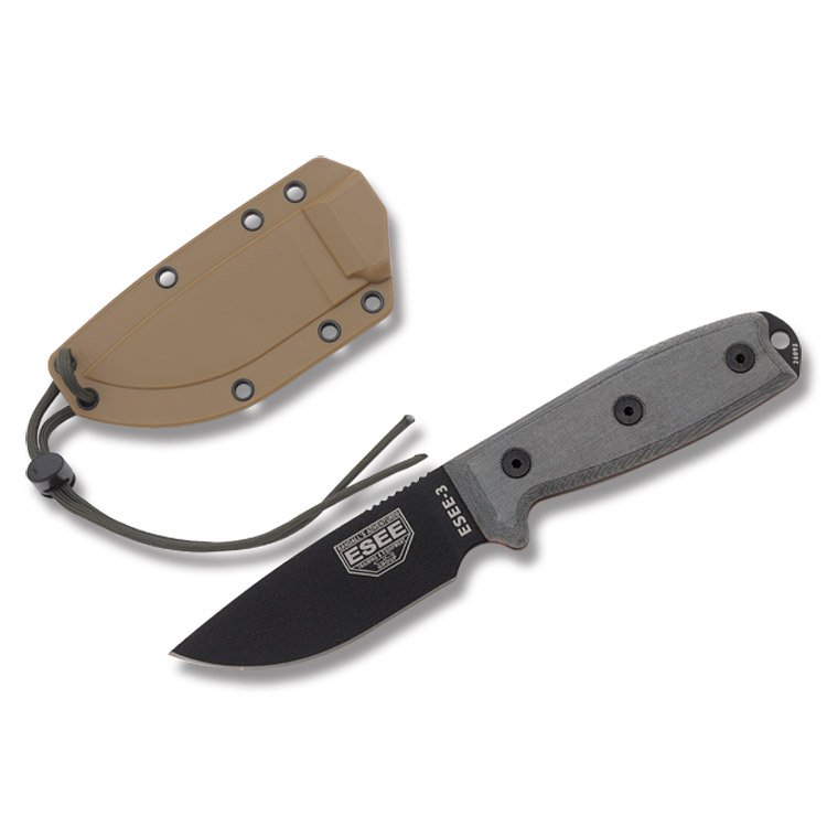 ESEE 3 Fixed Blade Knife 3.88in Plain Edge Gray Micarta Red G10