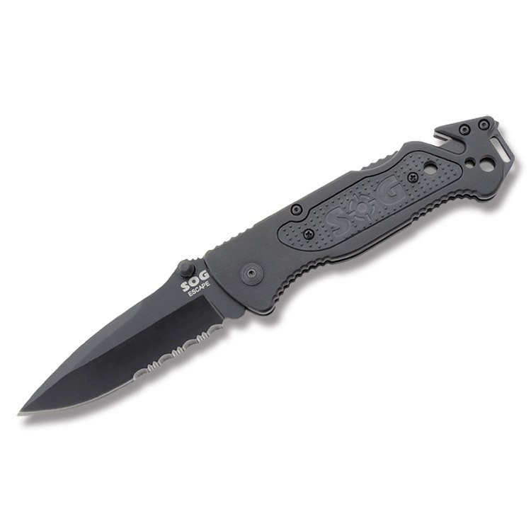 SOG Escape Folding Rescue Knife Clip Point Black Partially Serrated ...
