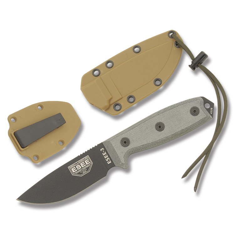 ESEE 3 Fixed Blade Knife 3.88in Plain Edge OD Green Micarta