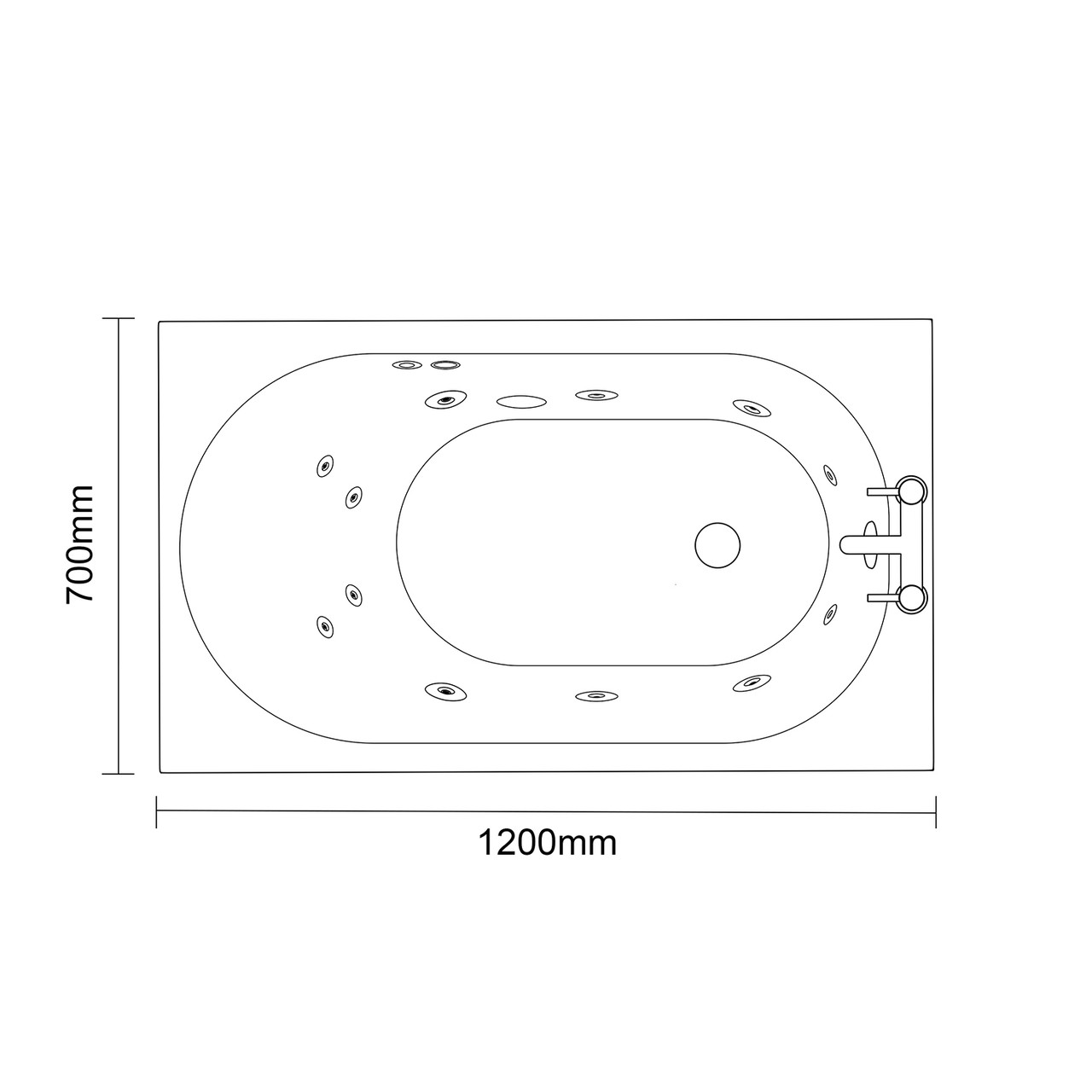 Compact 1200mm x 700mm 12 Jet Chrome Flat Jet Single Ended Whirlpool ...