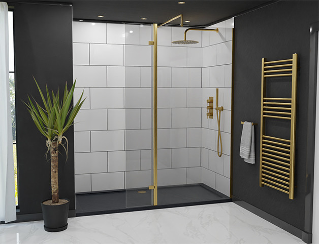 Colore Brushed Brass 2000mm x 300mm 10mm Walk In Shower Hinged Return ...