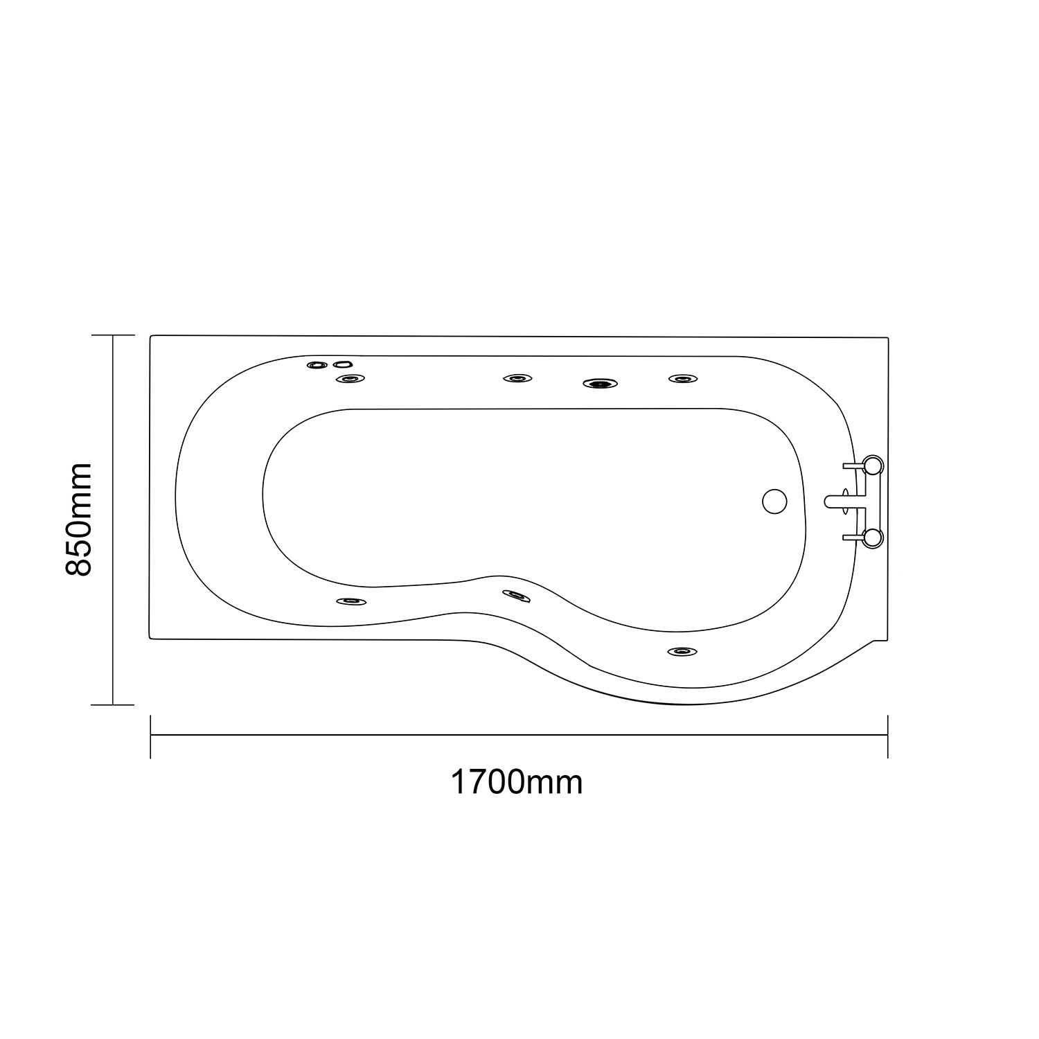 Plage 1700mm 6 Jet Matt Black Flat Jet Right Hand P Shaped Whirlpool ...
