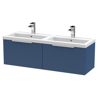 Hudson Reed Fluted Satin Blue 1200mm Wall Hung 2 Drawer Vanity Unit and ...