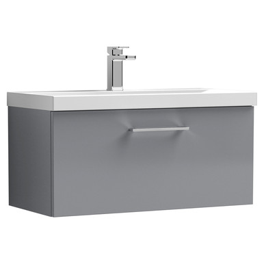 Nuie Arno Satin Grey 800mm Wall Hung Single Drawer Vanity Unit and Thin ...