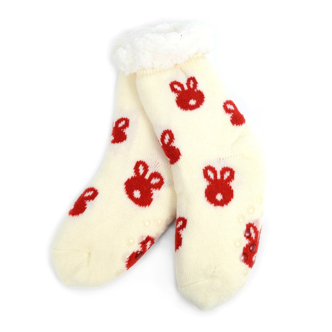 Girls Red Bunny Rabbit Plush Fuzzy Sherpa Slipper Socks Off White