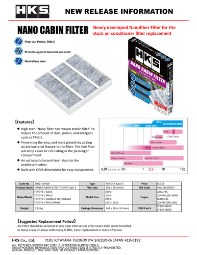 HKS Nano Cabin Filter Toyota Type3 - 70027-AT003 - JSD MACHINE WORKS