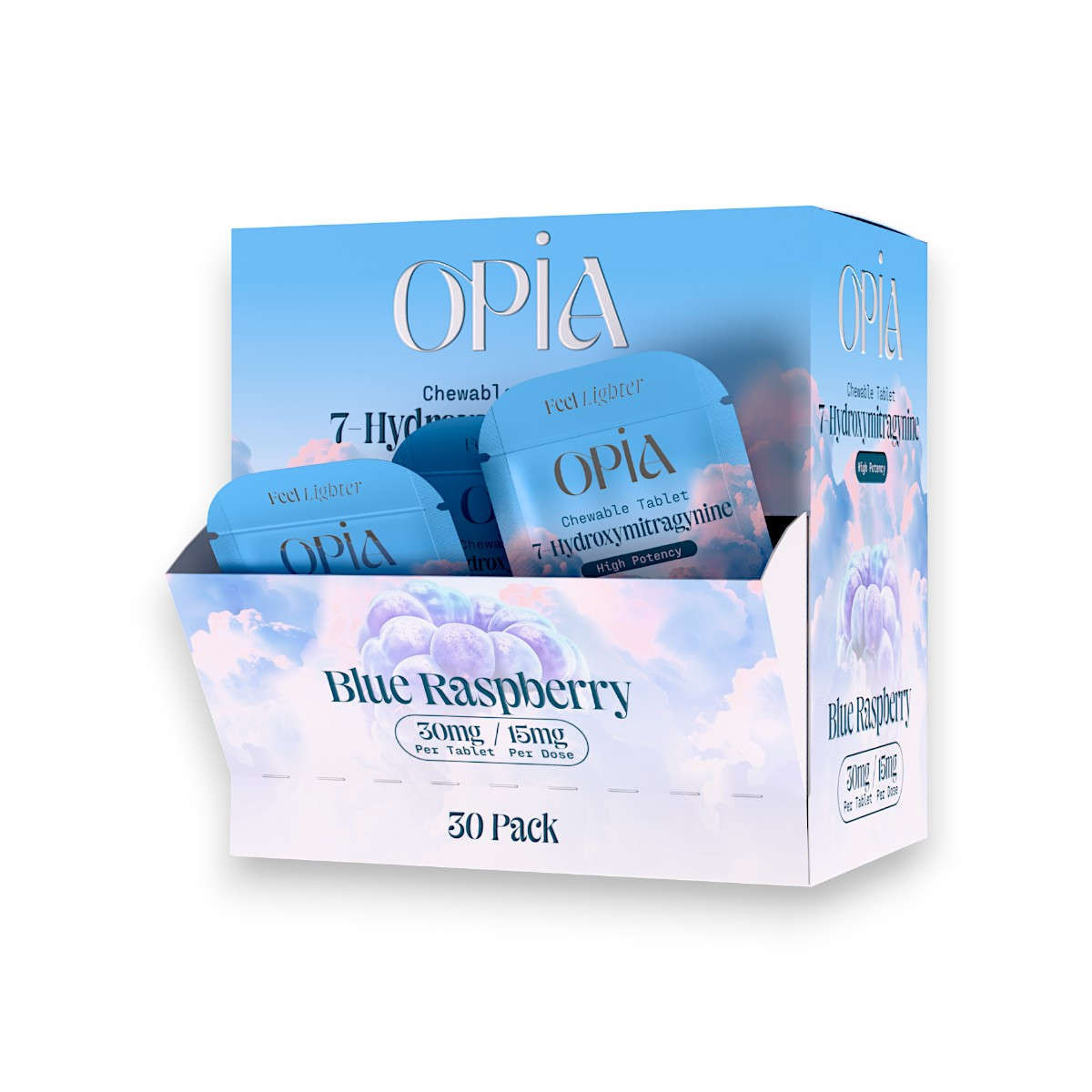 Opia 7-Hydroxymitragynine Chewable Tablets Blue Raspberry 30mg Per Tablet