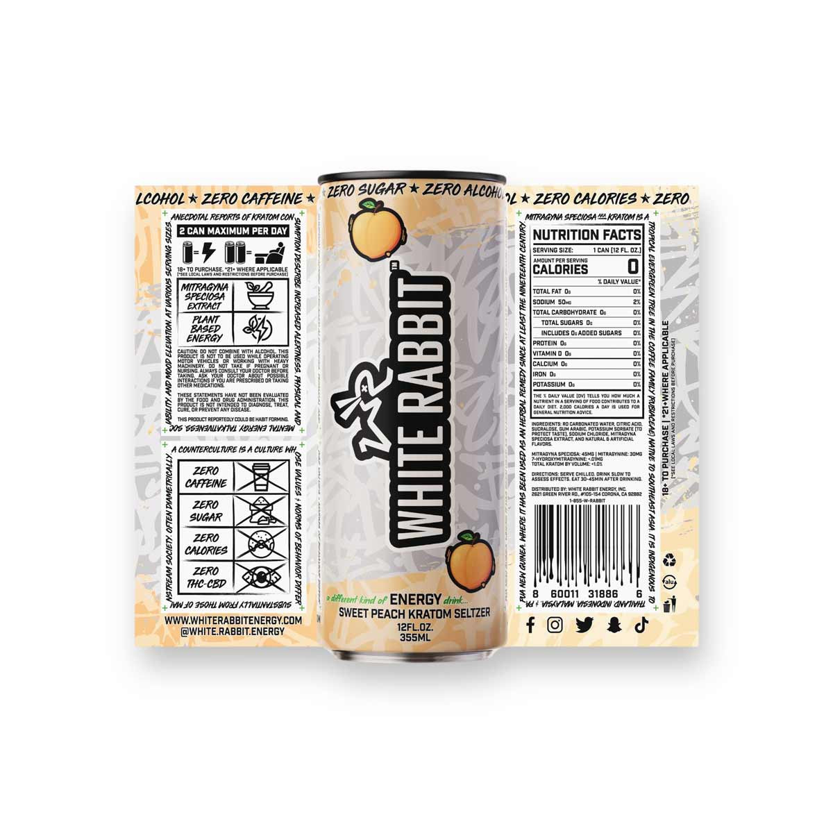 White Rabbit Kratom Seltzer Sweet Peach 12oz