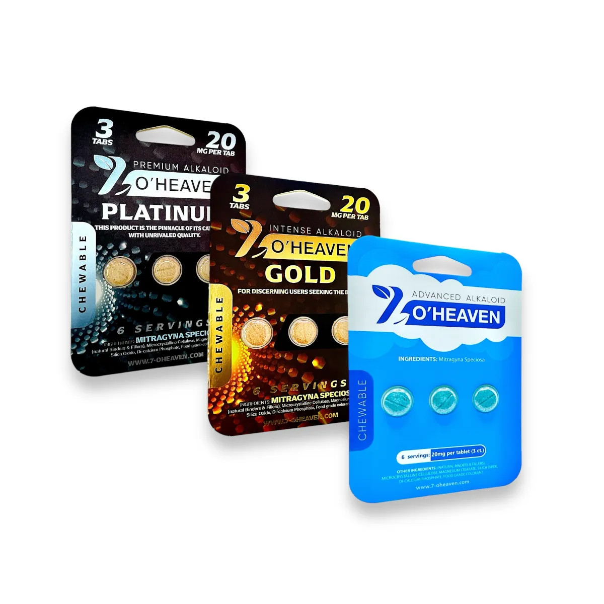7 O'Heaven Kratom Extract Tablets Bundle: Gold, Platinum, Original