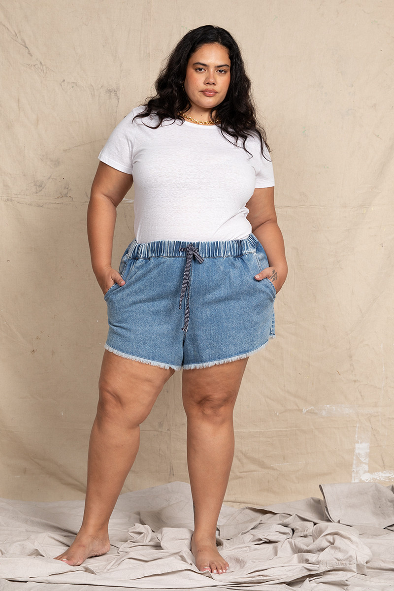 Denim Short with Draw-string Waist in Mid Blue - Bohemian Traders