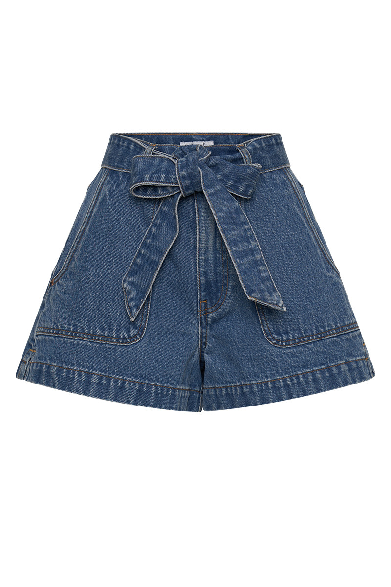 Tailored Patch Pocket Flare Short in Mid-Blue - Bohemian Traders
