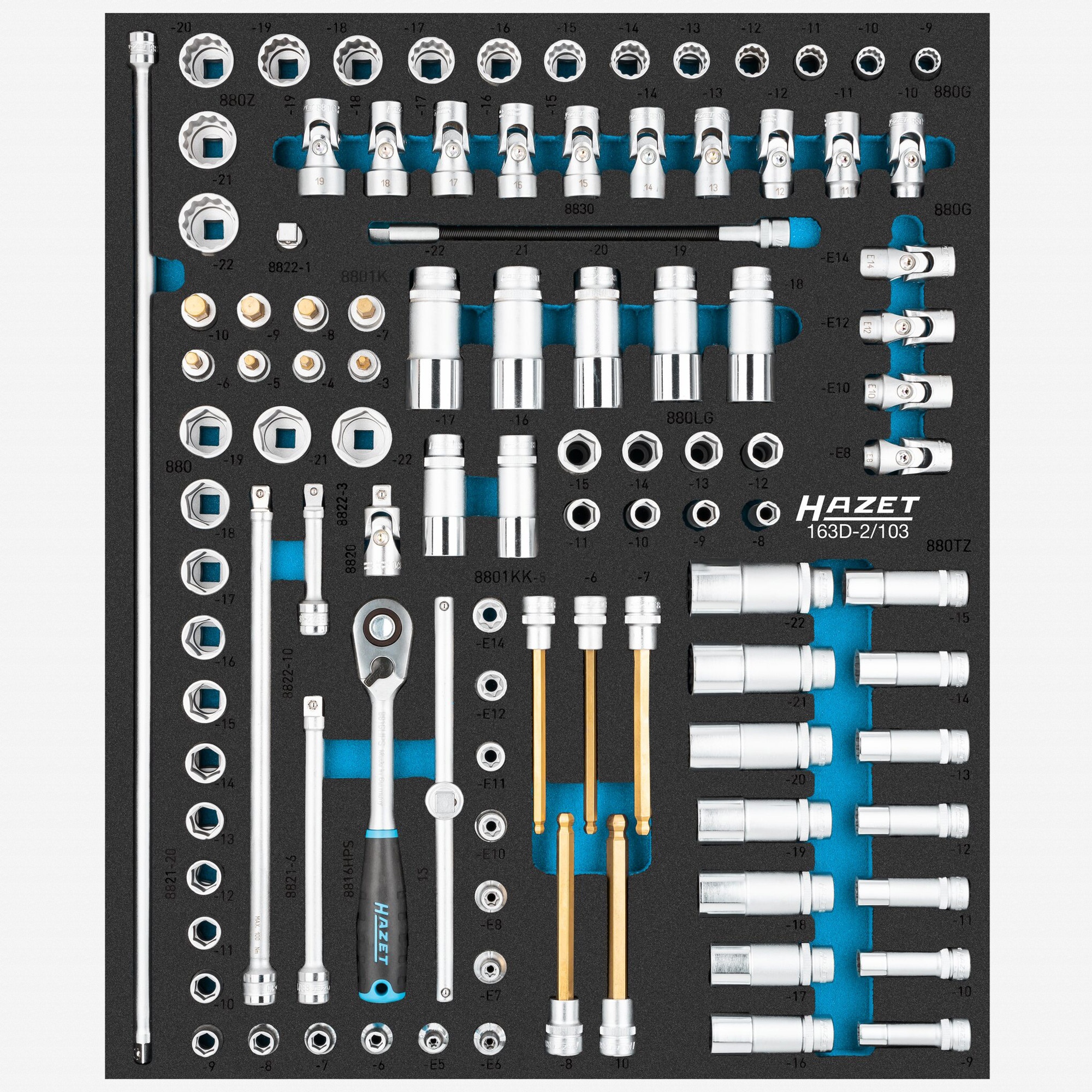 Hazet 163D-2/103 Metric Socket and Ratchet Set in Foam Tray, 3/8" Drive ...