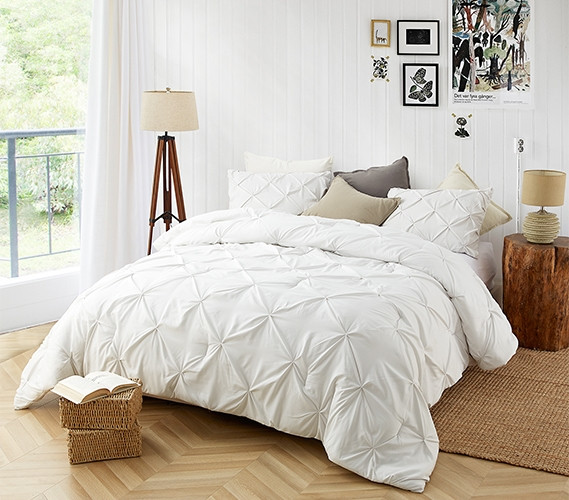White Pin Tuck Twin XL Comforter Set - Designer Dorm Bedding Essentials ...