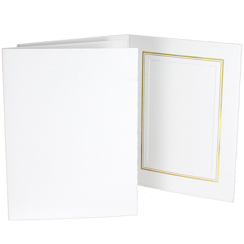 Vertical White Double Portrait Folder w/Gold Border, Blank
