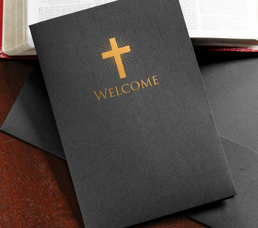 6x9 Church Welcome Folder With Cross | Easy Pocket Folders