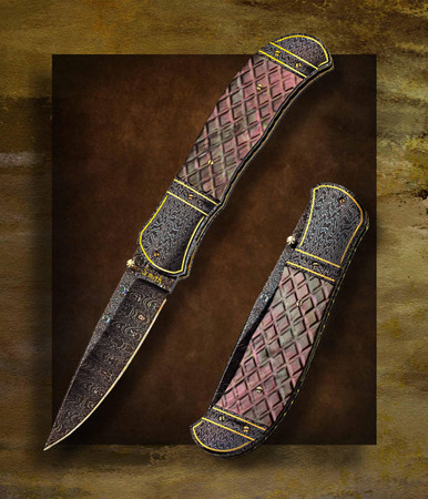 Smith, John W., Black Lip Pearl Folder with Fancy Damascus and 24kt ...