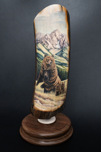 Mama Grizzly Bear & Cubs in the Mountains, Scrimshaw in Color on ...