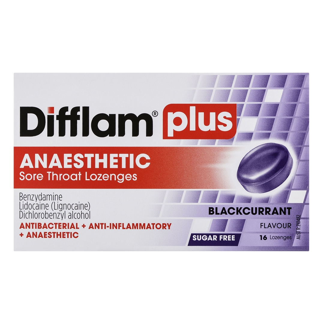 Shop Plus Anaesthetic Sore Throat Blackcurrant Lozenges by Difflam