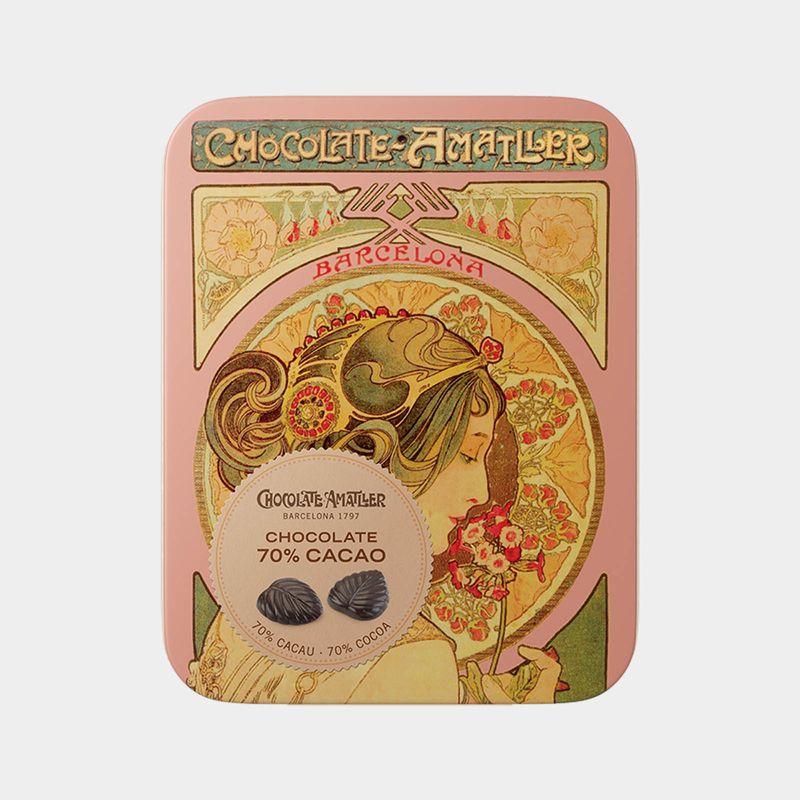 Shop Chocolate Amatller Barcelona 70% Dark Chocolate Leaves Tin 60g