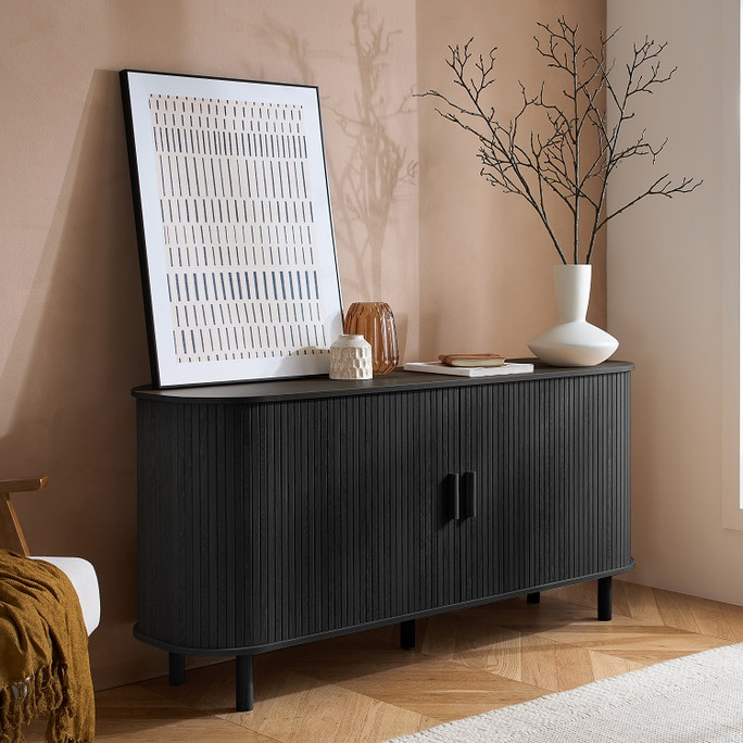 2 Door Fluted Sideboard Black, Oak – Fluted Oak, Japandi Rou