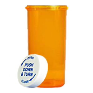 Amber Pill Bottles and Empty Pharmacy Vials, Push Down & Turn Lid
