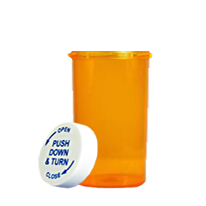 Amber Pill Bottles and Empty Pharmacy Vials, Push Down & Turn Lid