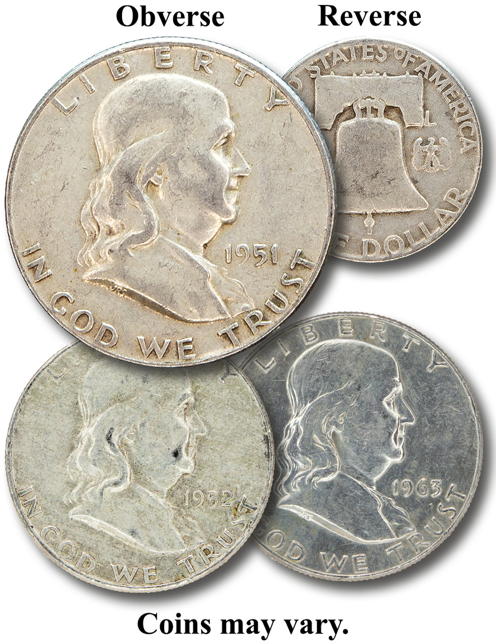 MCN122 - Benjamin Franklin Half Dollars, 3 Coins Mystic Choice - Mystic ...