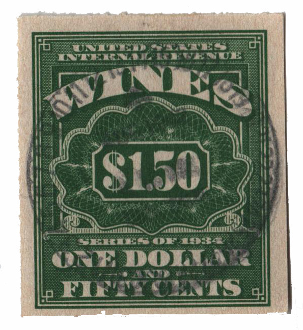 RE105 - 1934-40 $1.50 Cordials, Wines, Etc. Stamp - without gum, green ...