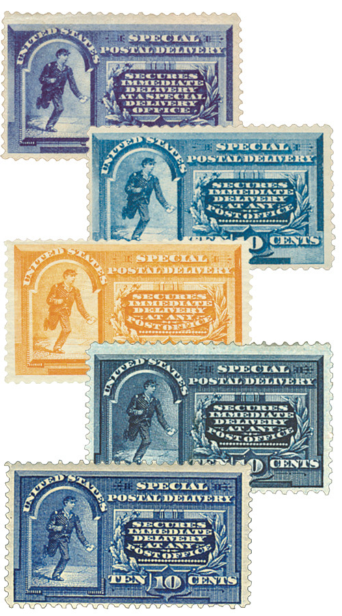 E1-5 - 1885-95 Messenger Running Stamps (5) - Mystic Stamp Company
